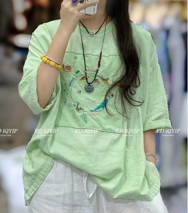 【木棉衣舖】棉麻繡花砂洗寬鬆短袖T恤-0718 | Yahoo拍賣