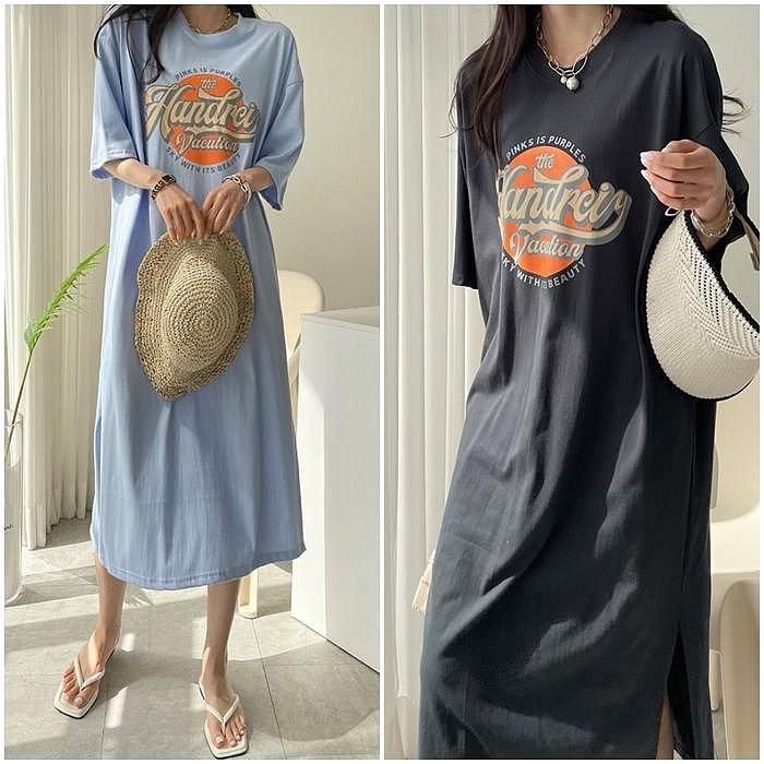 Bellee 正韓 芬達橘字母短袖棉側開衩長連身裙 (2色) 【0520-49】 | Yahoo拍賣