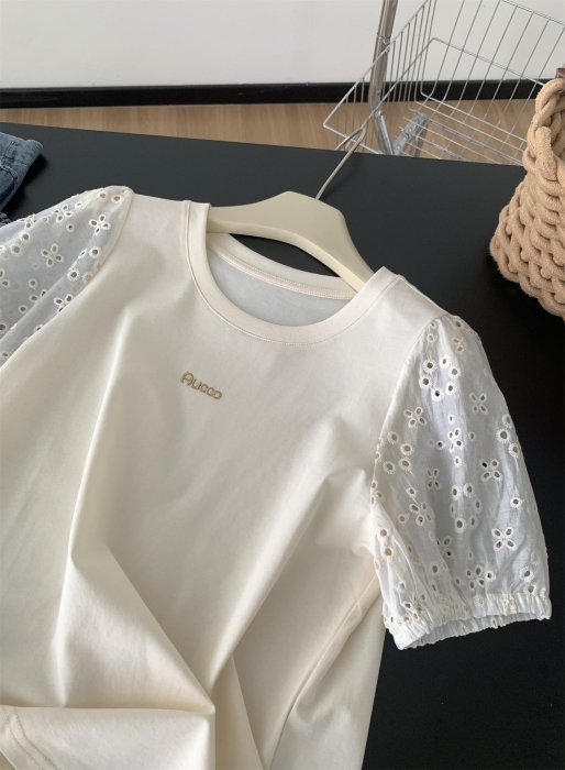 YOHO 鏤空袖拼接短袖T恤 實拍韓系設計款鏤空短袖拼接棉T 短袖上衣 (DXQ298） | Yahoo拍賣