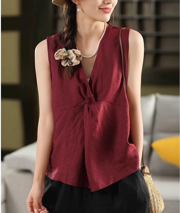 【木棉衣舖】復古砂洗亞麻無袖背心-0615 | Yahoo拍賣