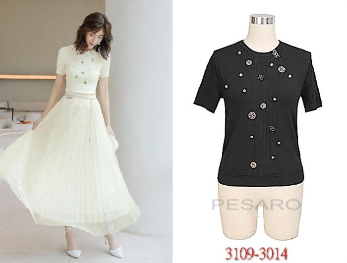 ※funnyy_lee※ PESARO 黃蕙玲 2023春夏 全新 黑色/淺米色 縫小飾 圓領針織衣 | Yahoo拍賣