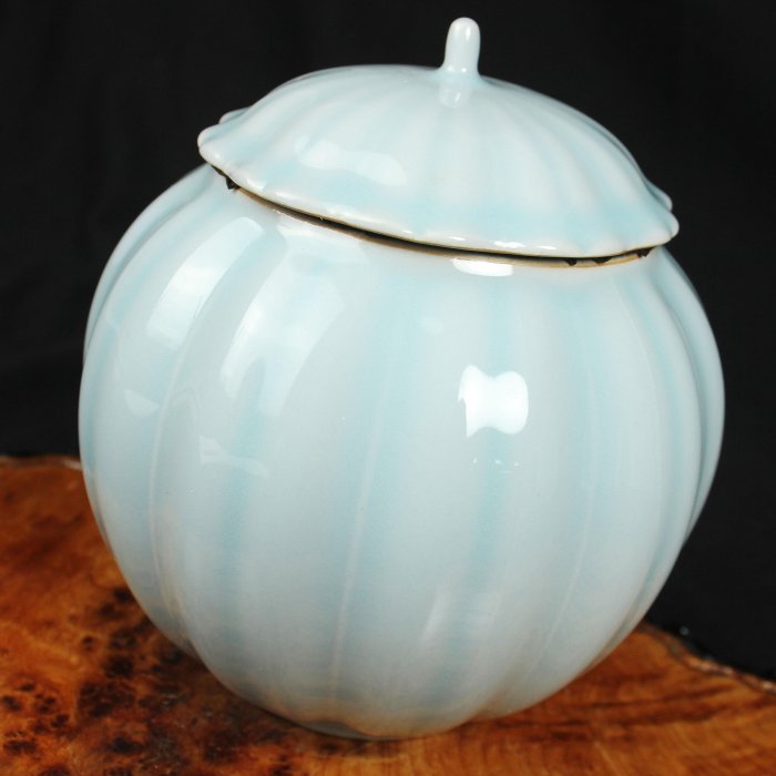 【桑園の】庫存美品~官窯 天青釉 開片 南瓜型 茶罐 密封蓋 茶葉罐 茶倉 茶入 P 5112 | Yahoo拍賣