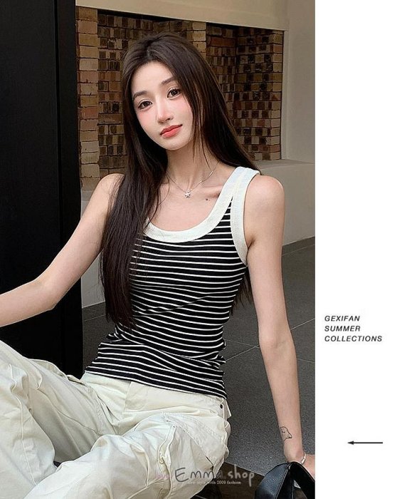EmmaShop艾購物-韓國同步上新-日韓妞必備單品-就是愛條紋系列-百搭寬肩修身條紋背心 | Yahoo拍賣