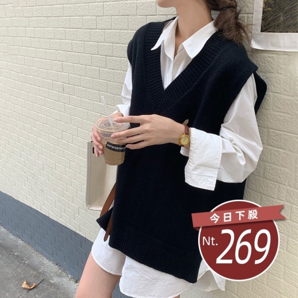 【台灣發貨】韓版簡約V領毛衣背心 長袖上衣 長袖t恤 衣服 女裝 上衣【W547】 | 內搭背心/小可愛 | Yahoo購物中心