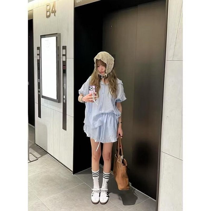 正韓 🇰🇷零零家薄款連帽襯衫短褲套裝 荷葉邊短褲 剪裁上衣 微寬鬆 zerozero 韓國代購 正韓套裝 上衣 襯衫 天藍色 set 一元起標 | Yahoo拍賣