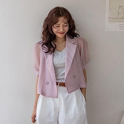 Bellee 正韓 優雅女伶微透感亞麻泡泡袖雙扣外套 (3色) 【0609-3】 | Yahoo拍賣