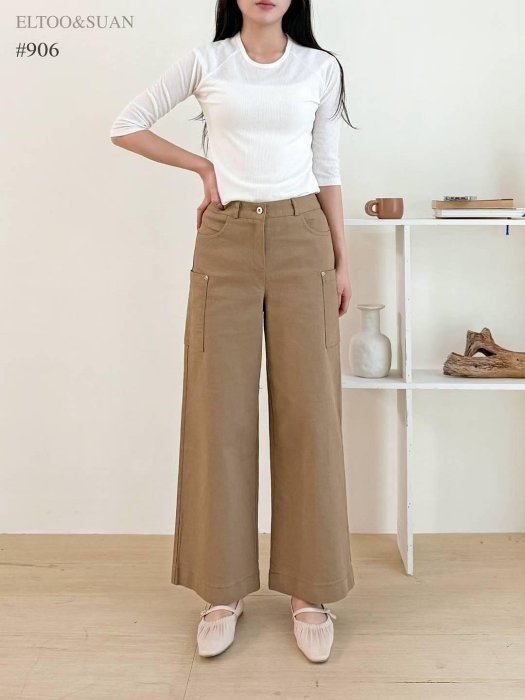 $尋寶小舖$ 25正韓直送eltoo & suan 秋最新款 鬆緊腰扣側口袋丹寧牛仔小寬褲#906 | Yahoo拍賣