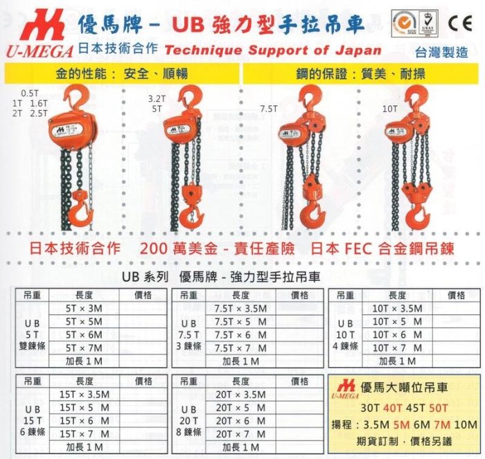 U-MEGA優馬牌 UB強力型手拉吊車 鍊仔猴 鏈仔猴 手拉車 0.5T/1T/1.6T/2T/2.5T/3T | Yahoo拍賣