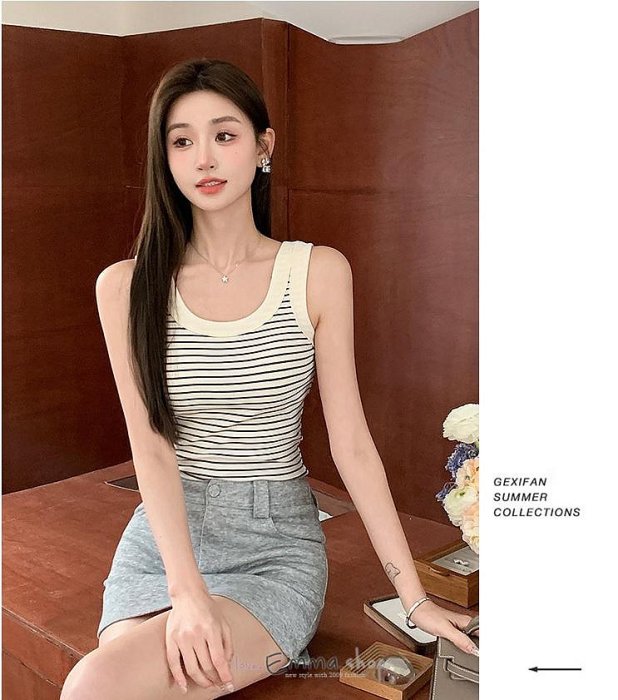 EmmaShop艾購物-韓國同步上新-日韓妞必備單品-就是愛條紋系列-百搭寬肩修身條紋背心 | Yahoo拍賣