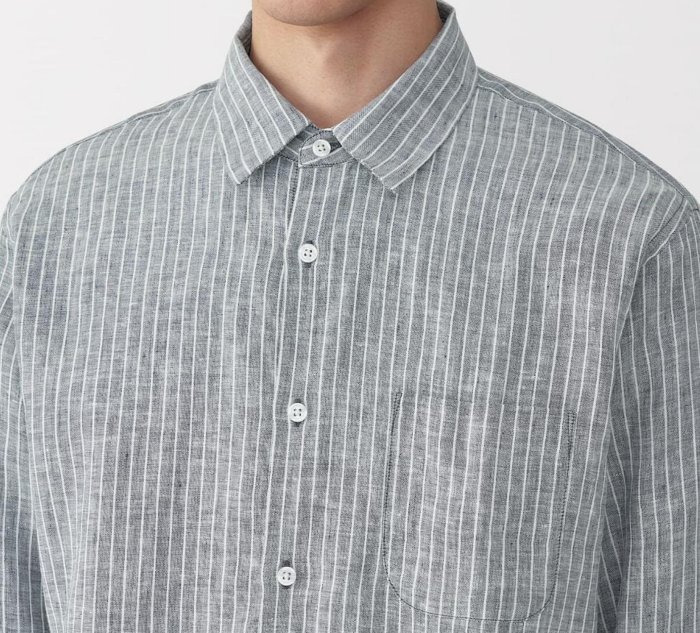 ＊一元起標無底價＊全新專櫃真品MUJI無印良品雜誌型男2025夏季型男100%純亞麻纖維素材深藍色水洗直紋直條紋長袖襯衫/M號市價1390 | Yahoo拍賣