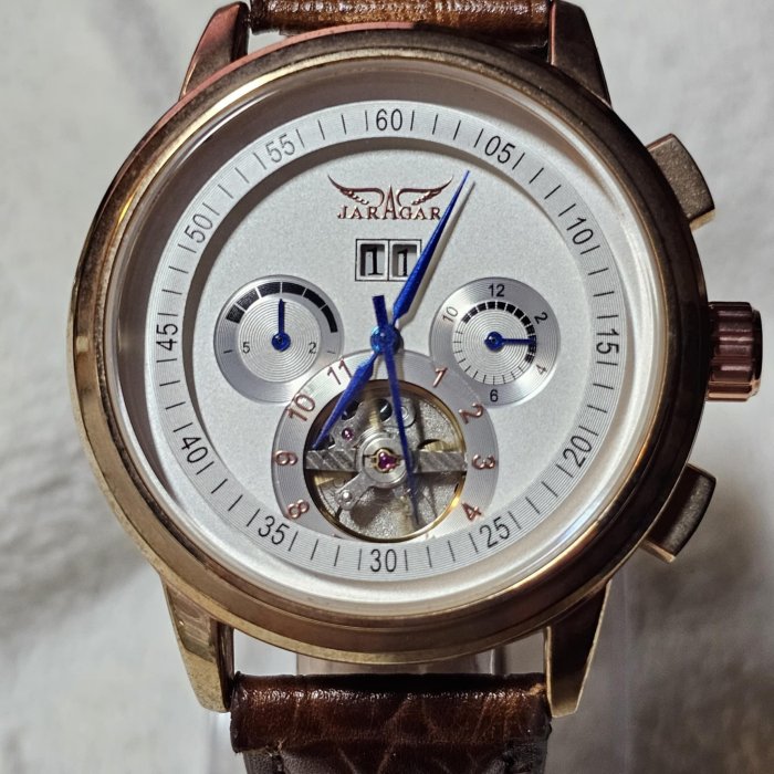 【一元起標】【精品廉售/手錶】潮牌Jaragar 三眼 很美設計鏤空 自動上鍊機械男士錶/原裝皮錶帶*高價好錶*佳品 | Yahoo拍賣