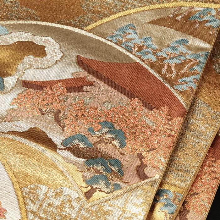 【桑園の】日本華麗織物~西陣織 430公分 絹 金地銀箔 老松楓葉 山水人家 中古品 刺繡工藝 和服腰帶 茶席 T 6107 | Yahoo拍賣