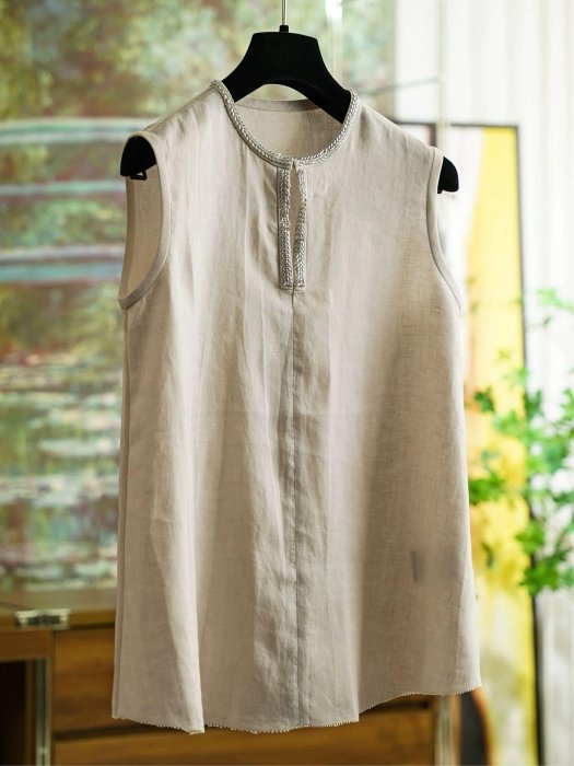 巴黎小時光一間外貿老店 ️ YT 有種老錢高知美的感覺~！ 半開領釘珠亞麻無袖襯衫女上衣夏0725 | Yahoo拍賣