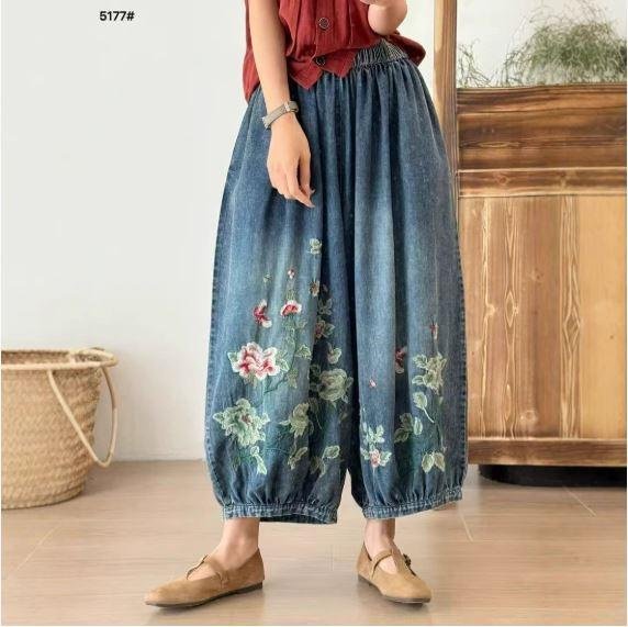 【木棉衣舖】復古薄款重工刺繡牛仔九分褲燈籠褲-0725 | Yahoo拍賣