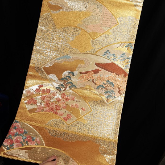 【桑園の】日本華麗織物~西陣織 430公分 絹 金地銀箔 老松楓葉 山水人家 中古品 刺繡工藝 和服腰帶 茶席 T 6107 | Yahoo拍賣