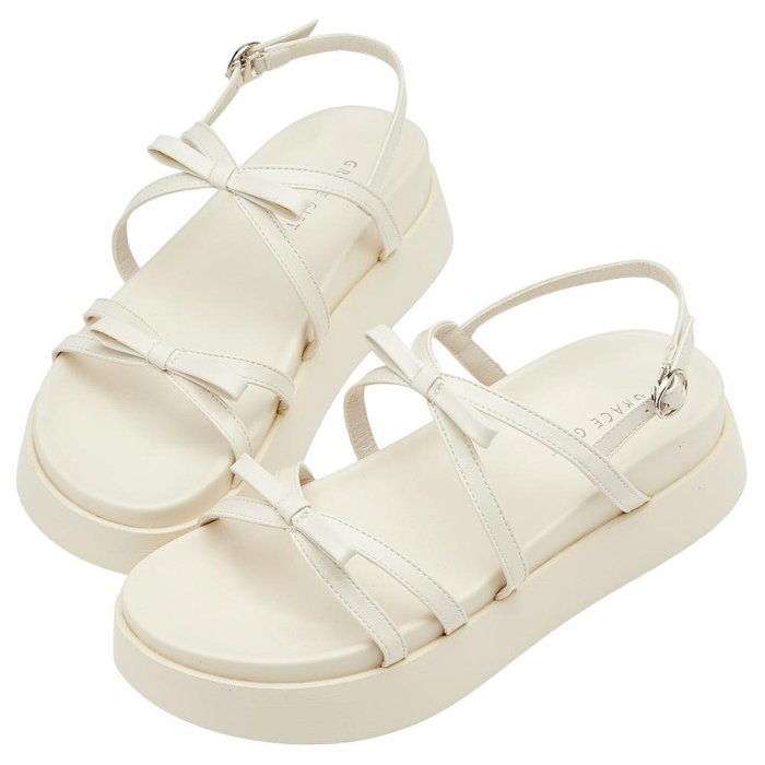 GRACEGIFT 全新品 交叉蝴蝶結細帶奶油厚底涼鞋 | Yahoo拍賣