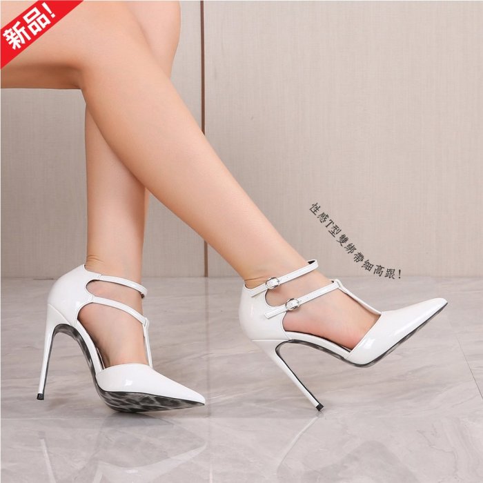 EFP大美人-2023新品♥性感女神腿模亮面PU網美攝影豹紋底T型雙綁帶12cm尖頭高跟鞋~白紅褐大尺碼35-46 | Yahoo拍賣
