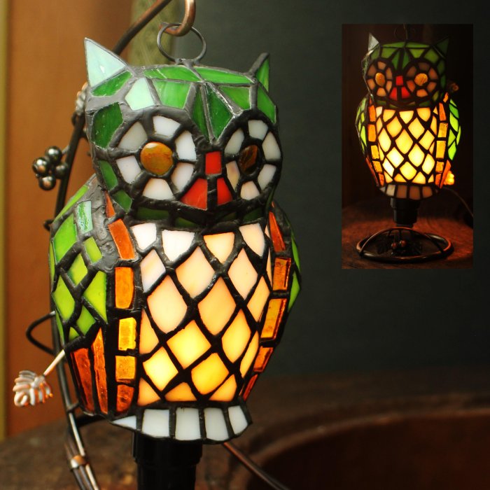 【桑園の】老日本 時代物 貓頭鷹 小夜燈 彩繪玻璃燈罩 桌燈 吊燈 藝術檯燈 Q 6406 | Yahoo拍賣