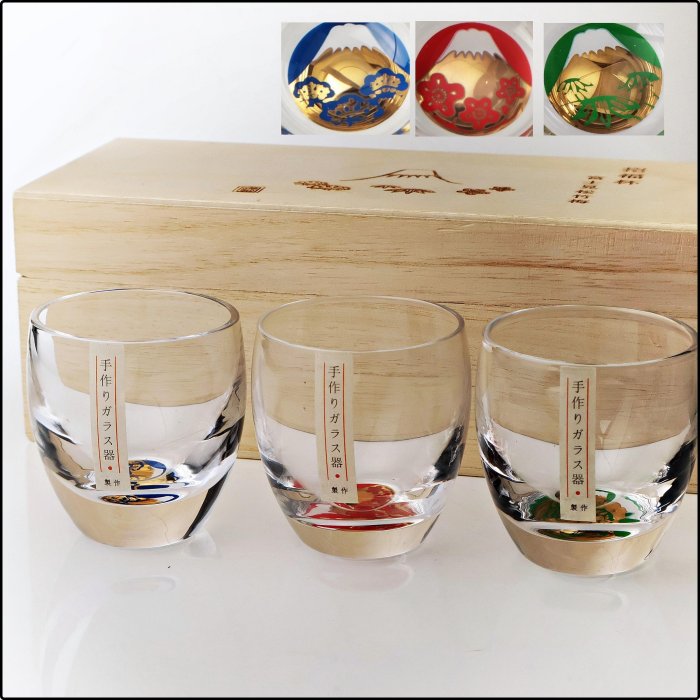 【桑園の】精美 不倒翁 富士山 松竹梅 燙金 招福杯 玻璃杯 清酒杯 3客 桐箱附 T 6042 | Yahoo拍賣