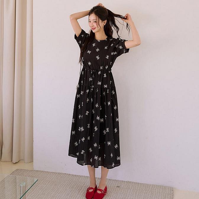 Bellee 正韓 小蝴蝶結腰身綁帶短袖混紡洋裝 (2色) 【0423-42】 | Yahoo拍賣