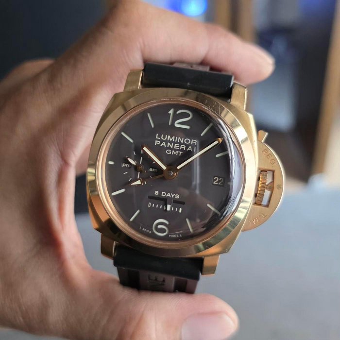 【個人藏錶】 PANERAI 沛納海 PAM289 18k黃金材質 圓弧型藍寶石鏡面 8日動能顯示 三明治面盤 日期窗 P.2002手上鍊機芯 ...