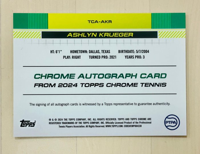 2024 ASHLYN KRUEGER AUTO 美國女子職業網球 TOPPS CHROME 親筆簽名卡#ITF女子巡迴賽1個單打和2個雙打 ...