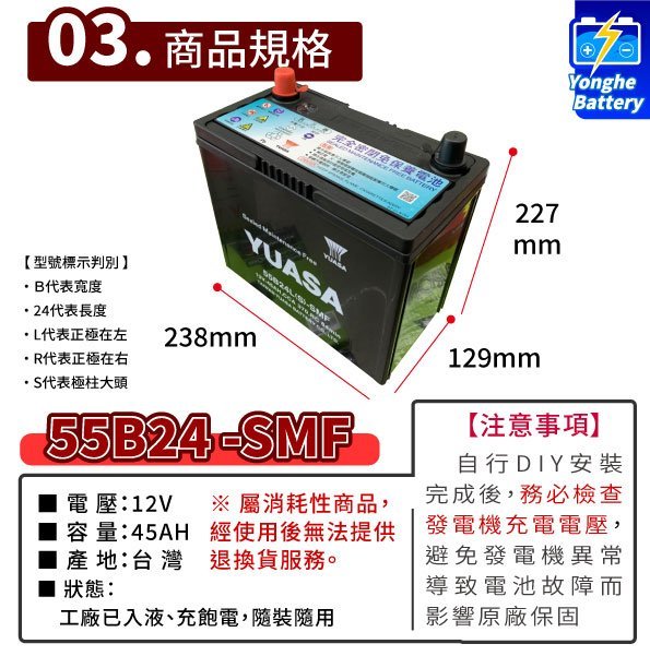 永和電池 YUASA湯淺 55B24L 55B24LS 汽車電瓶 免加水 汽車電池 同46B24LS 65B24LS | Yahoo拍賣