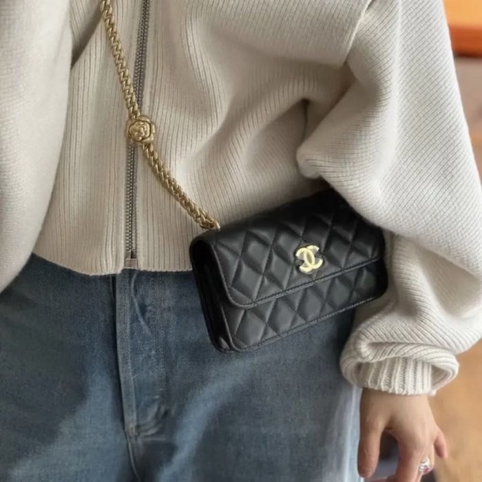 【翰貝格名牌館】全新真品 CHANEL 山茶花 調節扣 黑色 小羊皮 雙鍊 mini WOC 手機包 AP3298 現貨 | Yahoo拍賣