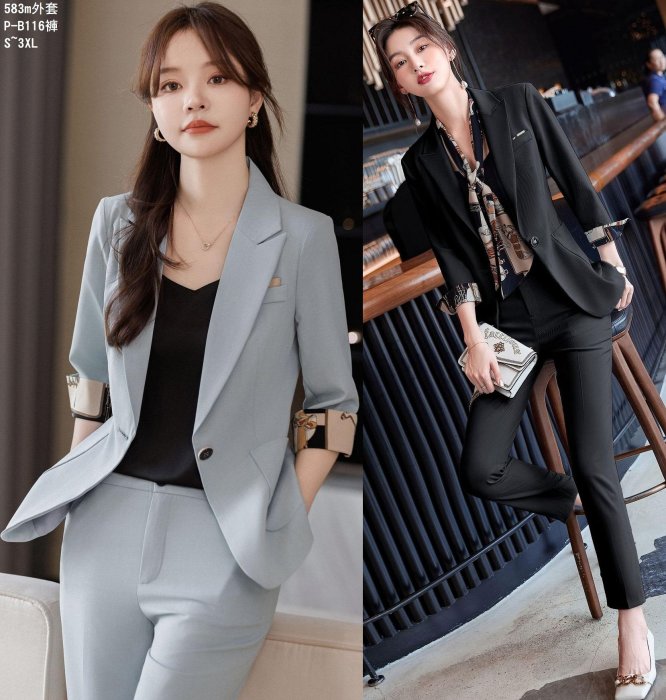 2025新【預購】OL免燙中袖套裝【583m外套/P-B116西褲】贈絲巾 | Yahoo拍賣