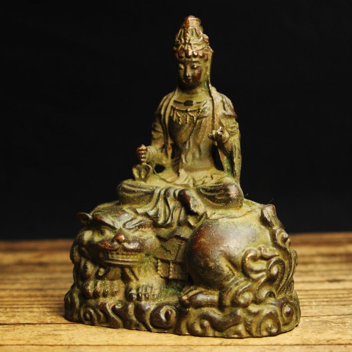 【桑園の】經典佛像 文殊菩薩 銅雕 331g 坐騎青獅 左右大士 Q 2217 | Yahoo拍賣