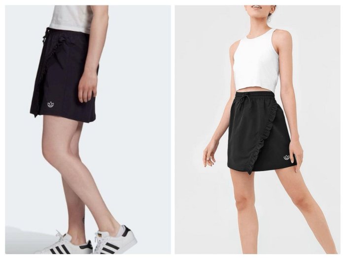 adidas 黑色品牌logo貼布荷葉滾邊造型抽繩彈性腰圍休閒短裙 / XS / G066 | Yahoo拍賣