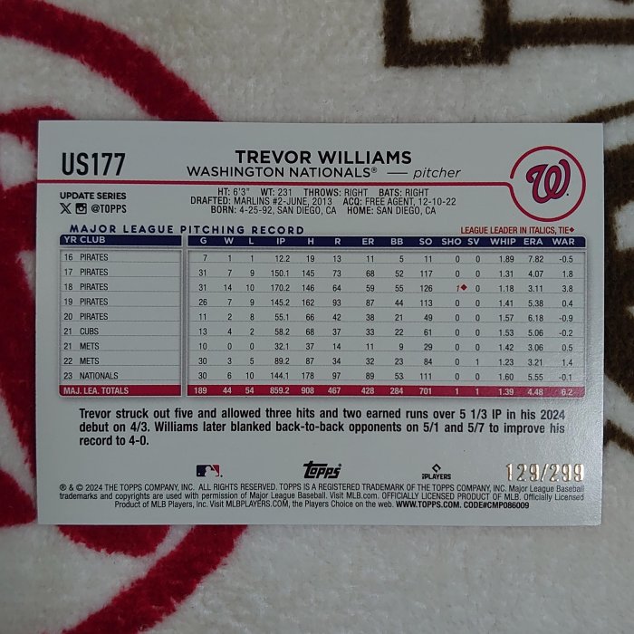 [ 日米哈棒 ] 2024 Topps Update Trevor Williams 限量卡 #/299 | Yahoo拍賣