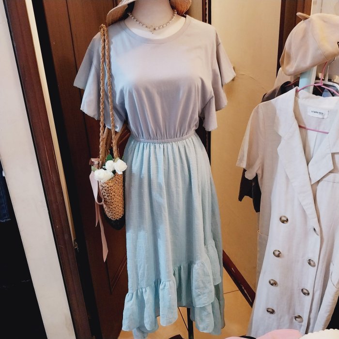 Sweet111韓國甜心 *正韓 韓製 蕾絲邊邊荷葉袖 棉質拼接 不規則荷葉邊裙擺 雪紡長洋裝 限時!!一百元起標無底價 | Yahoo拍賣