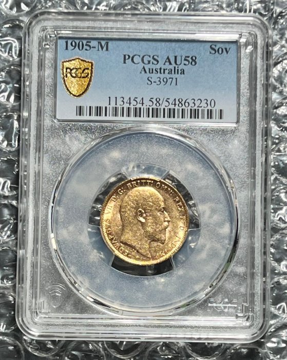 【P14】澳大利亞1905年，愛德華七世1索維林金幣(重約7.99g)，PCGS金盾AU58#54863230 | Yahoo拍賣
