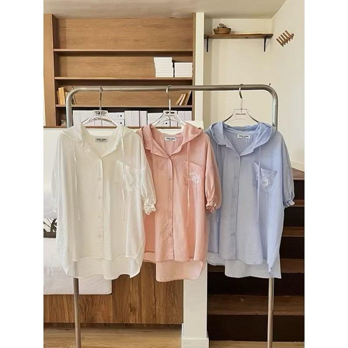 正韓 🇰🇷零零家薄款連帽襯衫短褲套裝 荷葉邊短褲 剪裁上衣 微寬鬆 zerozero 韓國代購 正韓套裝 上衣 襯衫 天藍色 set 一元起標 | Yahoo拍賣