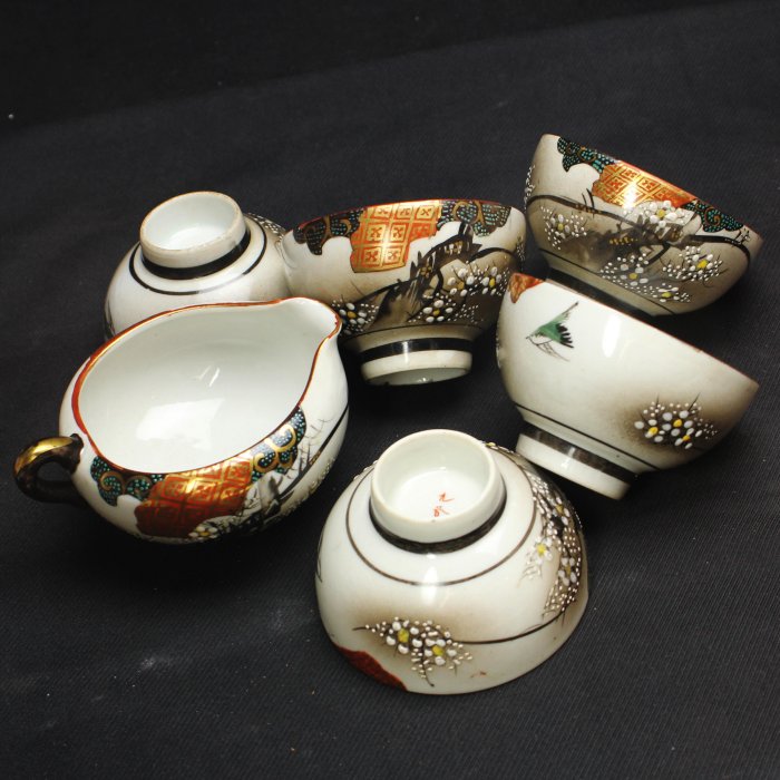 【桑園の】日本 老物件 明治 九谷燒 五杯一公道 純手繪 古梅 青粒鐵仙 老品 Q 5183 | Yahoo拍賣