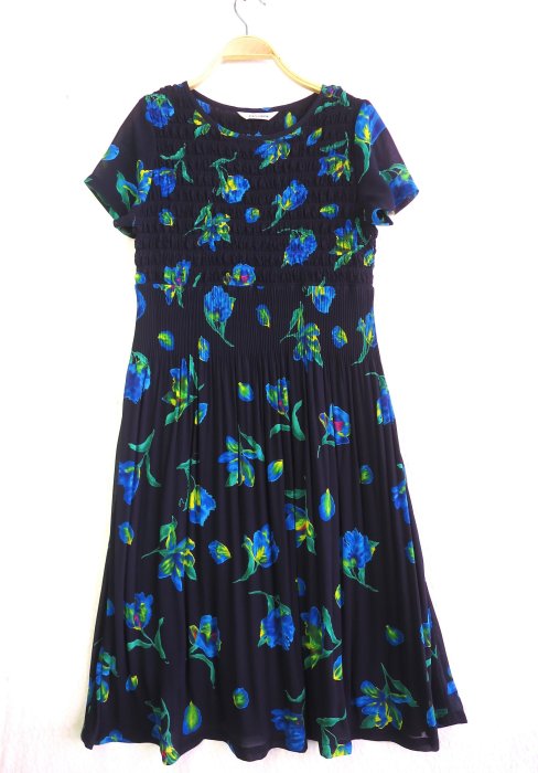 四季熱賣.98起競標︵＊PAN.POSE專櫃 氣質藍色皺褶印花短袖雪紡洋裝2071 | Yahoo拍賣