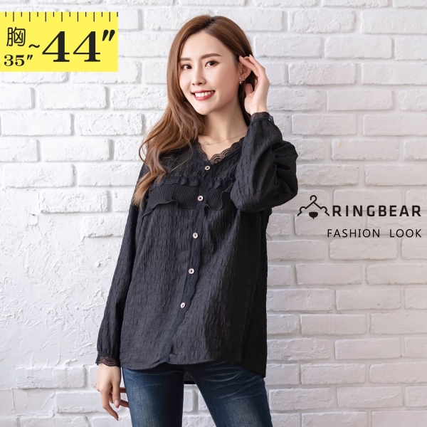 加大尺碼--簡約時尚蕾絲緹花V領亮眼排釦壓皺雪紡長袖上衣(黑L-2L)-X591眼圈熊中大尺碼 | 造型上衣 | Yahoo購物中心
