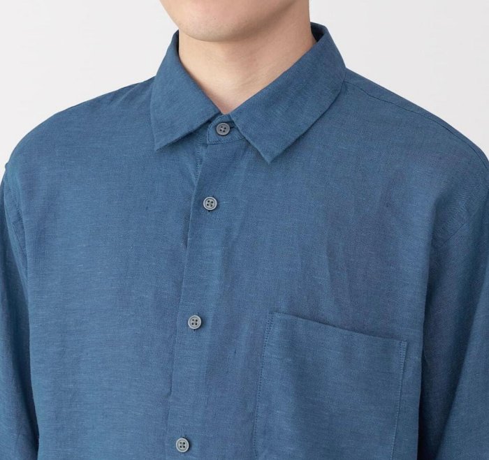 ＊一元起標無底價＊全新專櫃真品MUJI無印良品雜誌型男2025夏季型男100%純亞麻纖維素材藍色水洗素面素色長袖襯衫/M號市價1390 | Yahoo拍賣