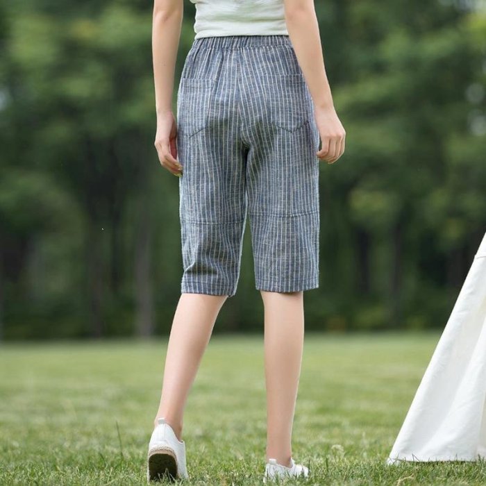 現貨熱銷-生活百貨棉麻短褲女寬松休閒褲子條紋中褲夏季薄款直筒亞麻五分褲女六分褲hgj | Yahoo拍賣