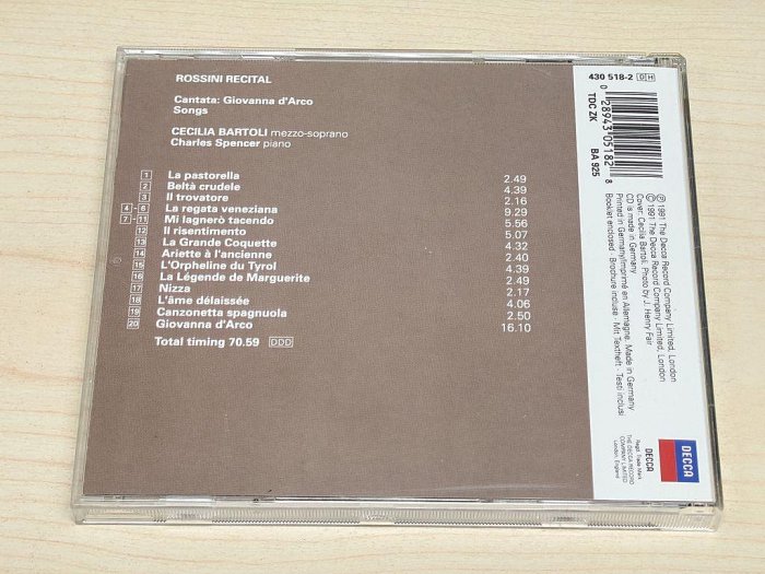 【駱克二手古典CD】ROSSINI RECITAL CECILIA BARTOLI CHARLES SPENCER 德國版 有IFPI ...