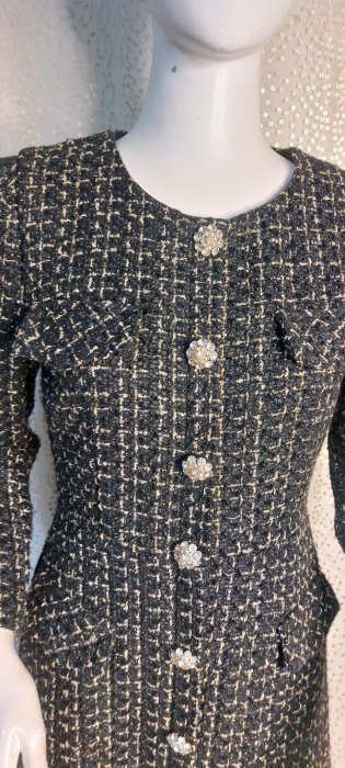 Ae23韓國MARANT黑色燙金格紋寶石花朵扣連身裙洋裝S | Yahoo拍賣