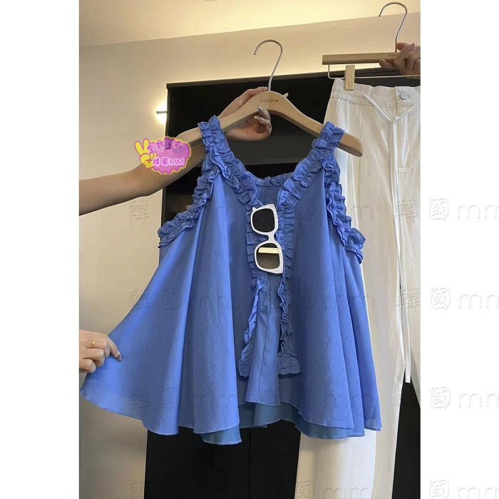 韓國MM=新款v領甜美設計感拼接木耳邊無袖襯衫洋氣時尚吊帶上衣女=女襯衫/女上班襯衫短袖襯衫/修身襯衫/雪紡衫/正式襯衫/白色女襯衫 ...