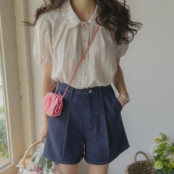 Bellee 正韓 粉嫩配色小圓弧領細褶棉質短袖襯衫上衣 (2色) 【0627-8】 | Yahoo拍賣