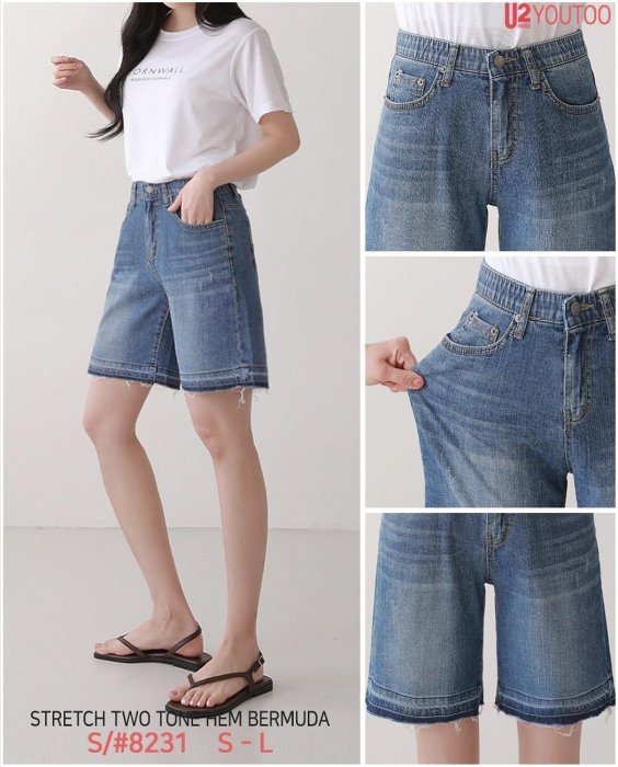 韓國U2【8231】切口鬚牛仔短褲 鬆緊腰 彈性率性時尚休閒款~下單請註明選購尺寸【衣荳小舖】連線超低價 | Yahoo拍賣