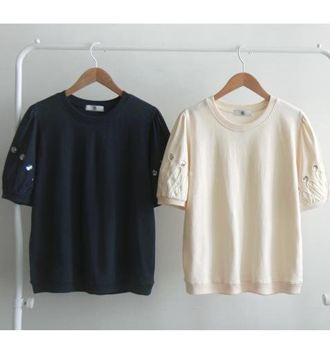 Bellee 正韓 花朵刺繡亮片優雅泡泡袖棉上衣 (2色)【0823-4】 | Yahoo拍賣