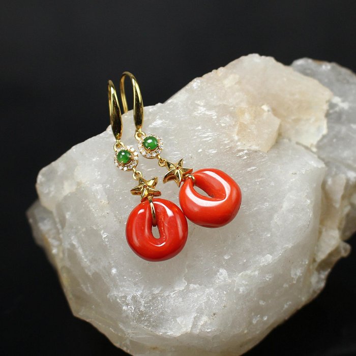 【桑園の】紅珊瑚 AU750 珠寶耳環 垂墜 耳掛 (委託品) D 7389 B26 | Yahoo拍賣