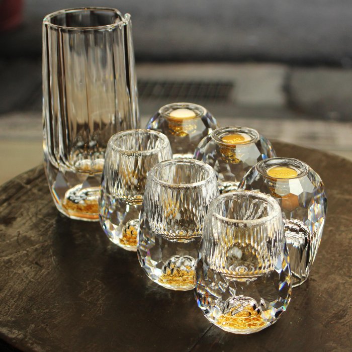 【桑園の】高檔水晶玻璃 鑽切 厚胎 24K金箔 酒杯 分酒器 玻璃杯 7客 未使用美品 盒附 Q 9263 | Yahoo拍賣