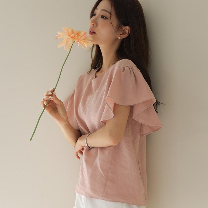 Bellee 正韓 浪滿款純亞麻荷葉邊袖短袖上衣 (4色)【0618-114】 | Yahoo拍賣