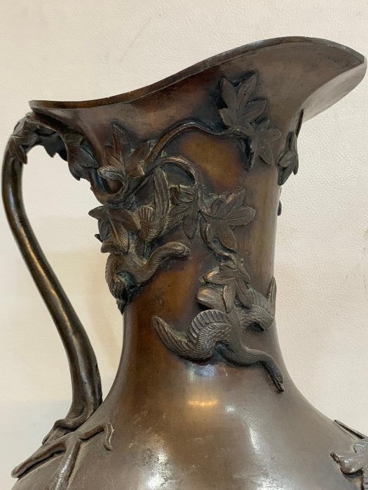 【古玩輕鬆拍】日本百年傳統金工藝 明治年「象嵌」工藝 浮雕楓鶴紋大銅花入/花瓶※0113708V※一元起標清倉價1-2 | Yahoo拍賣